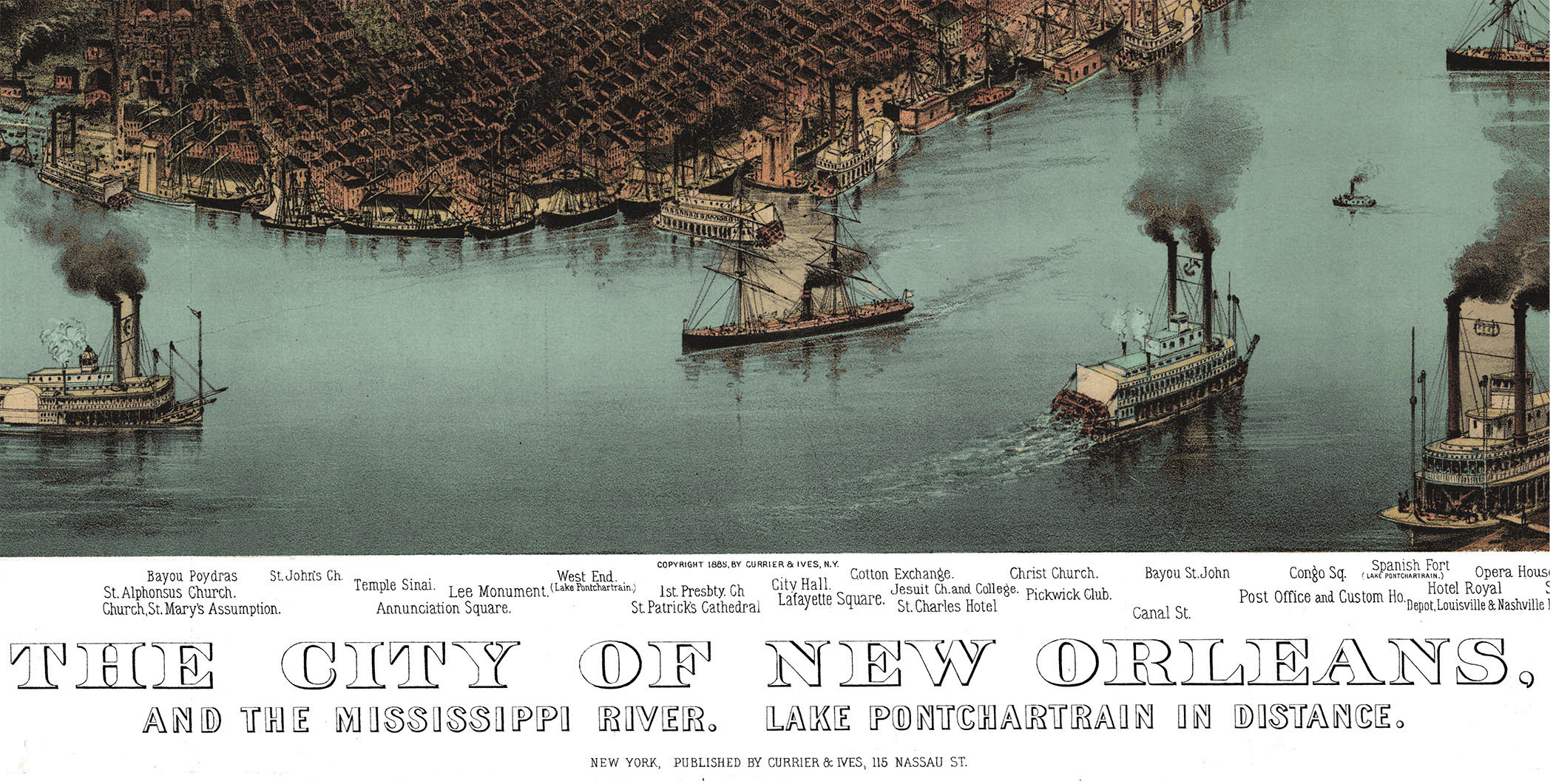 New Orleans, LA in 1885, and the Mississippi River, with Lake ...